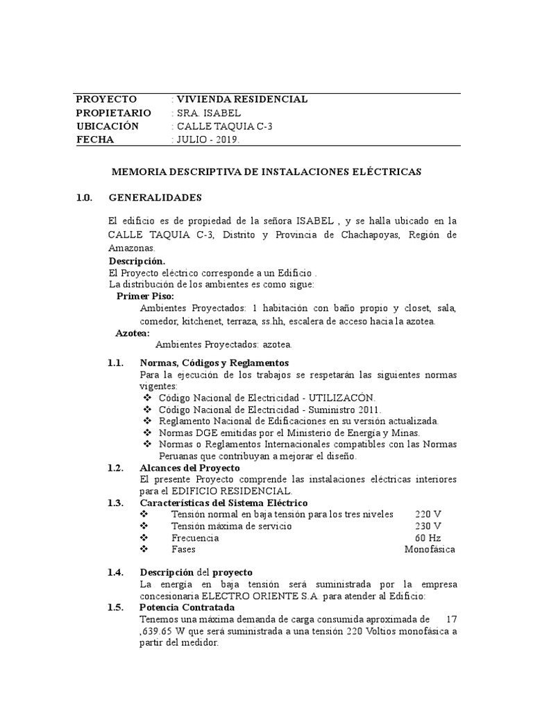 Memoria Descriptiva de Instalaciones Electricas | PDF | Corriente eléctrica | Resistencia ...