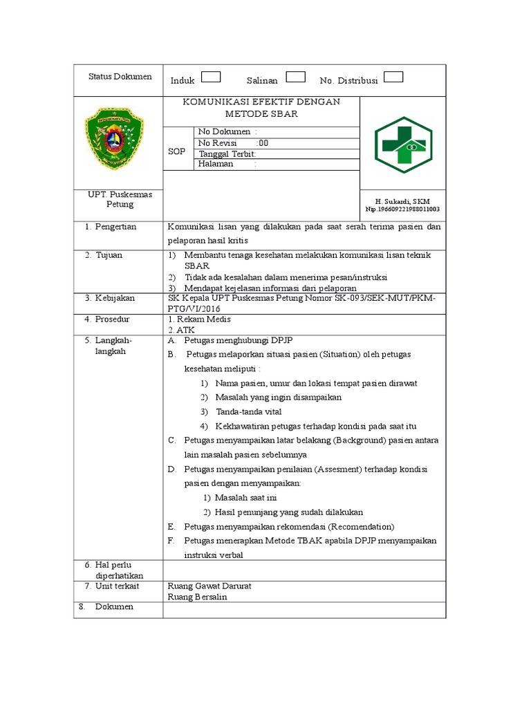 SOP Komunikasi Efektif Dengan Metode SBAR | PDF