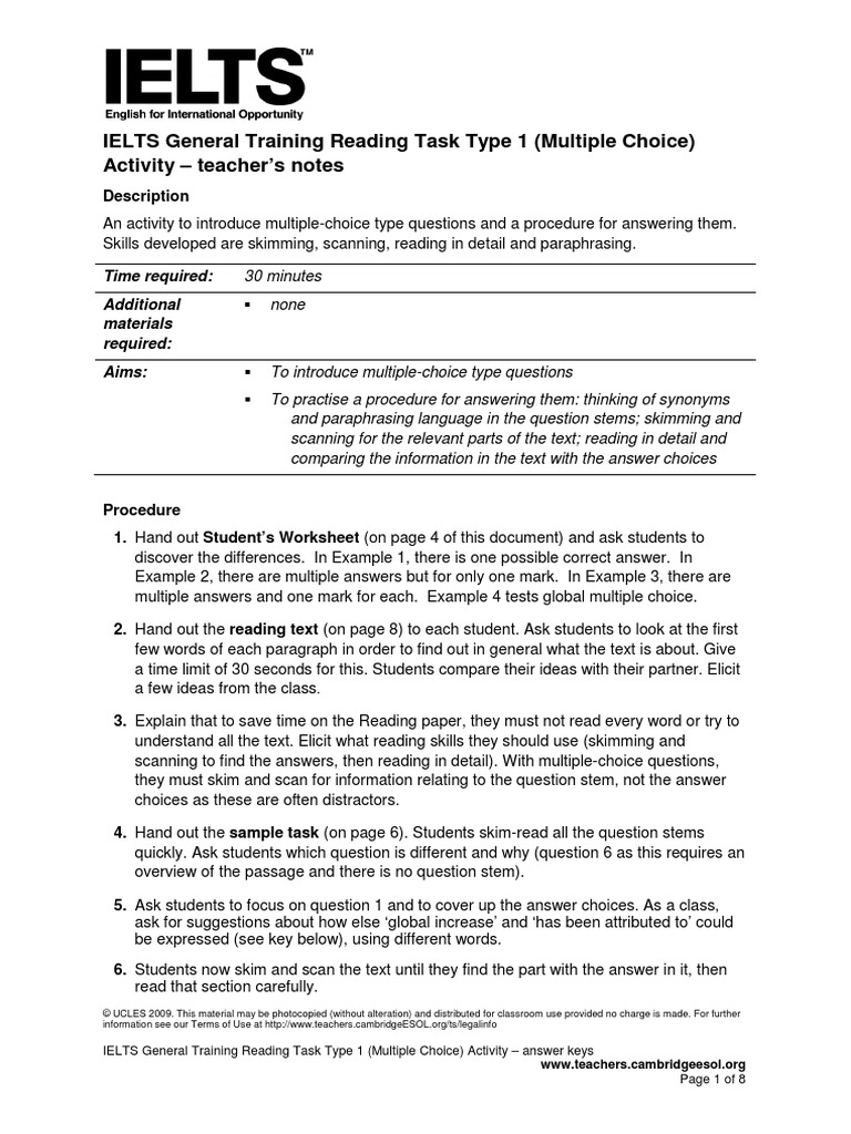 IELTS General Training Reading Task Type 1 (Multiple Choice) Activity ...