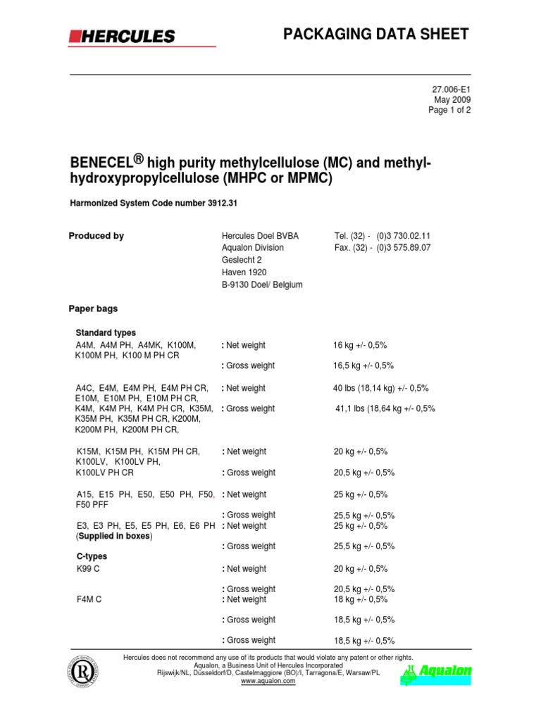 Benecel-Packaging Data Sheet | PDF | Pallet | Consumer Goods