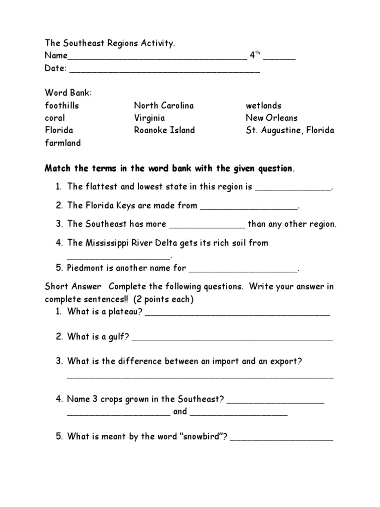 Southeast Regions Activity Worksheet | PDF