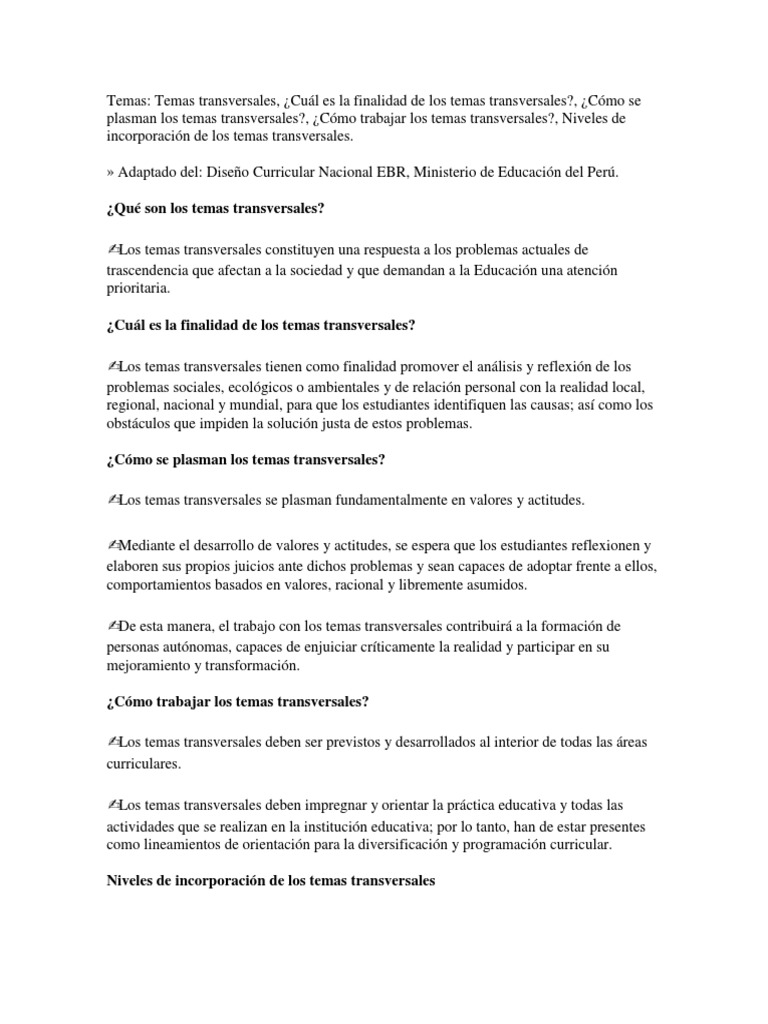 Temas TRANSVERSALES | PDF | Plan de estudios | Educación avanzada