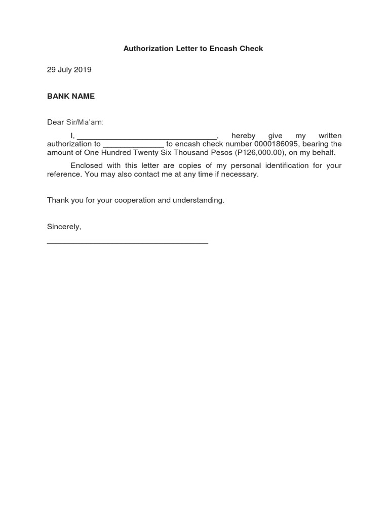 Authorization Letter To Encash Check SAMPLE | PDF
