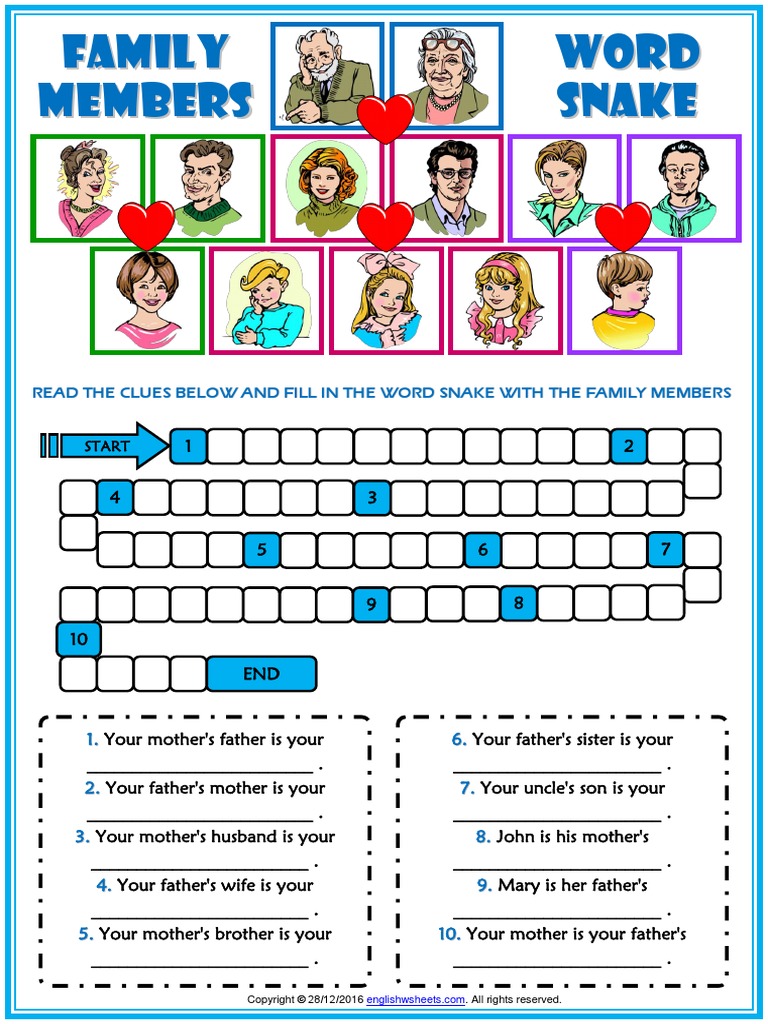 Family Members Esl Vocabulary Word Snake Puzzle Worksheet For Kids PDF ...