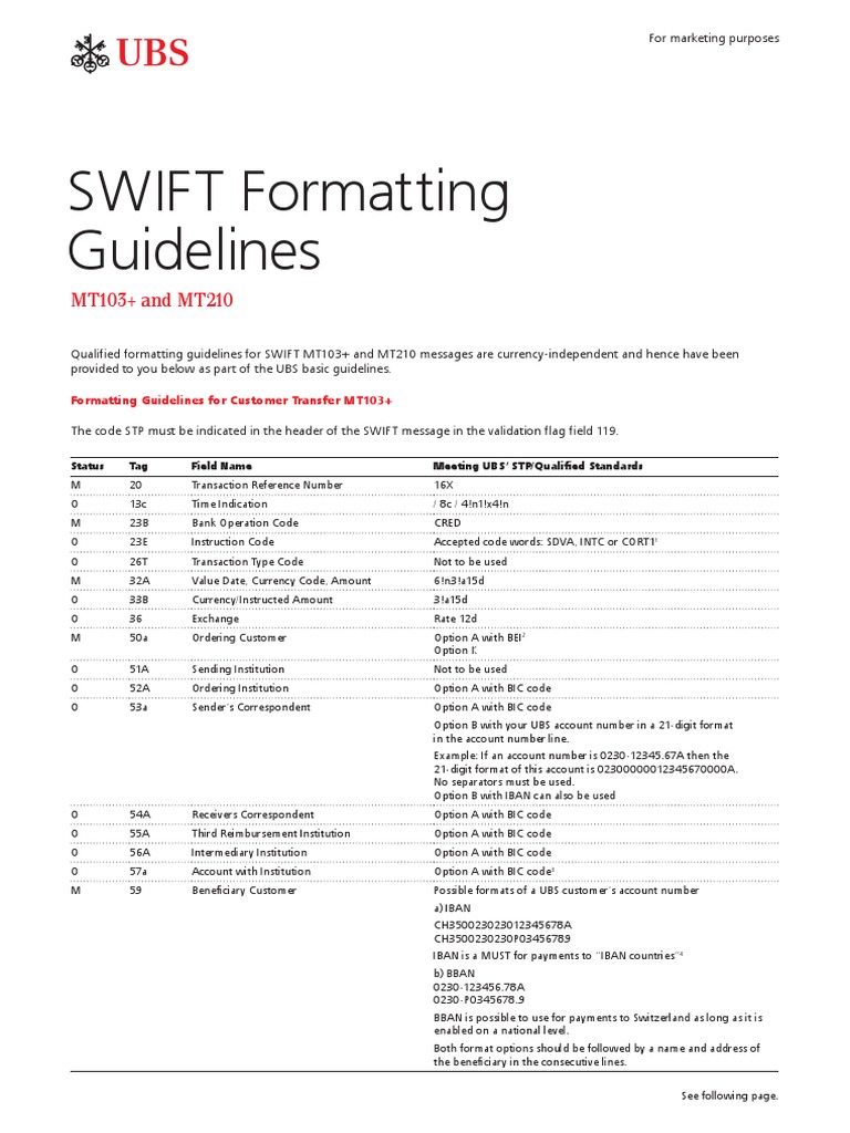 Swift Formatting Guidelines Mt103 Mt210 | PDF | Ubs | Payments