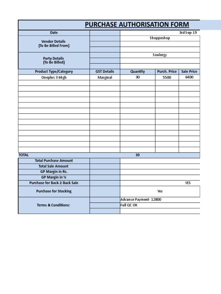 Purchase Authorization Form Details | PDF | Business Economics | Economies