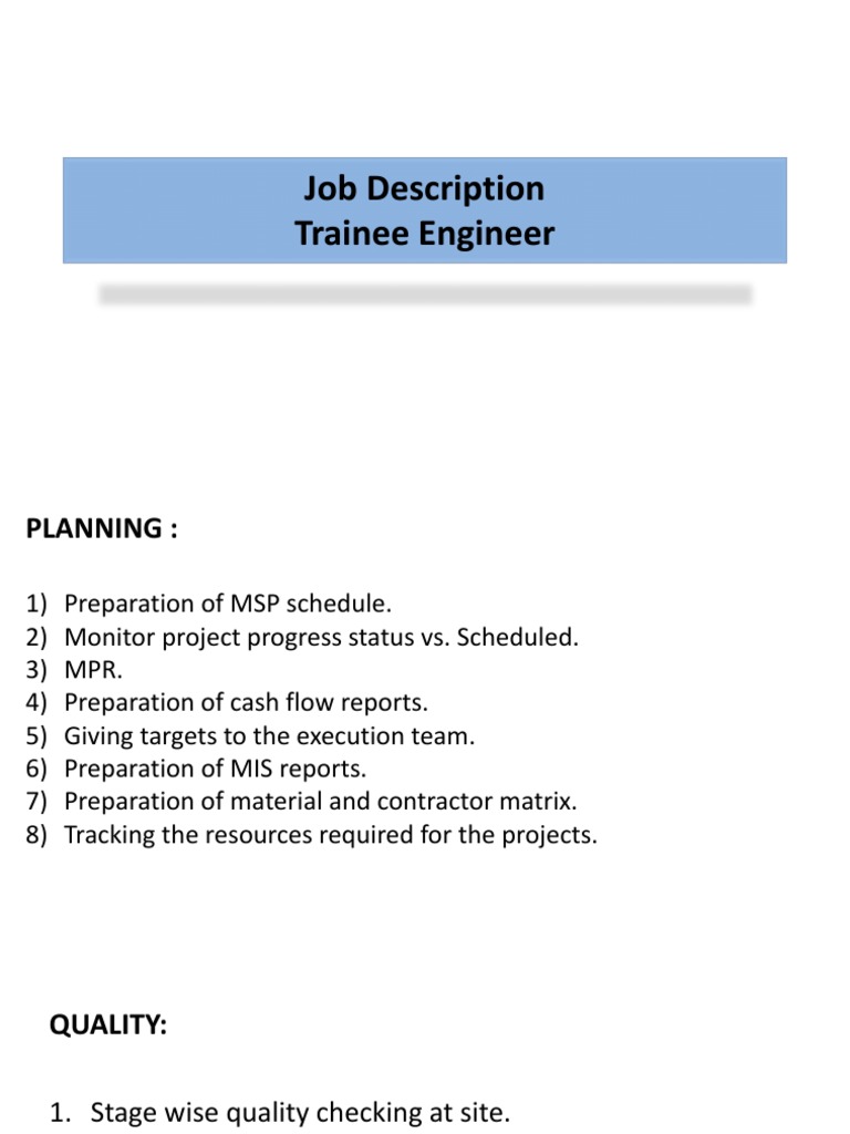 Trainee Engineer Job Responsibilities | PDF