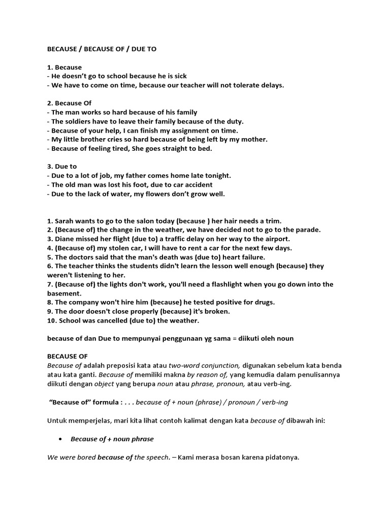 BECAUSE Because of Due To | PDF | Syntactic Relationships | Grammar