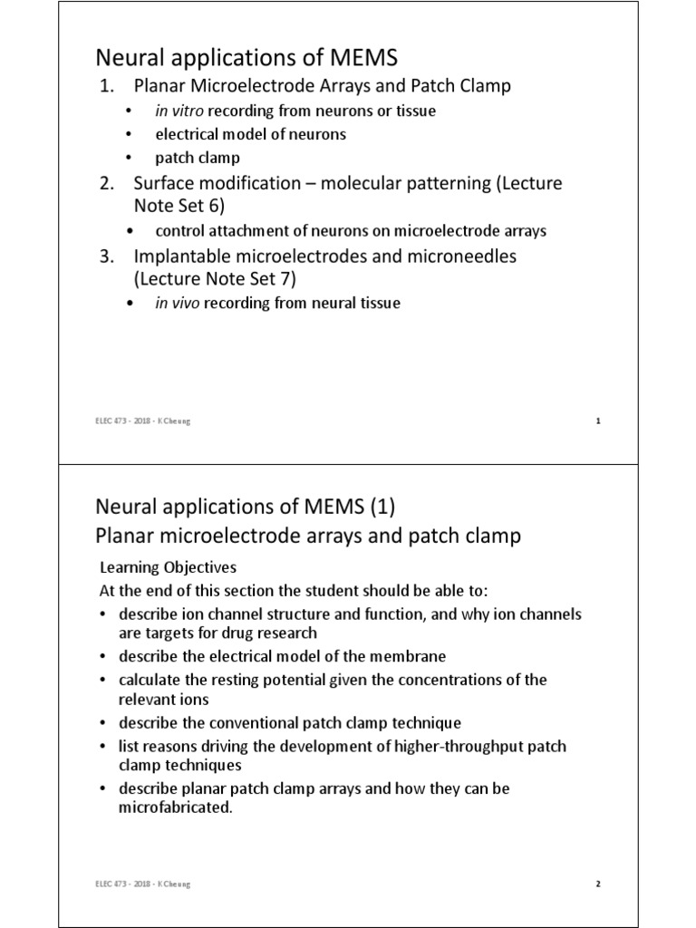 Neural Applications of MEMS: 1. Planar Microelectrode Arrays and Patch Clamp | Download Free PDF ...