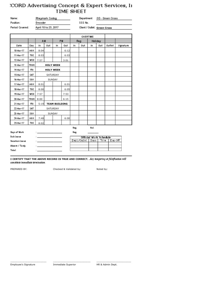 Timesheet March 26 To April 9, 2017 | PDF | Labor Relations | Working Time
