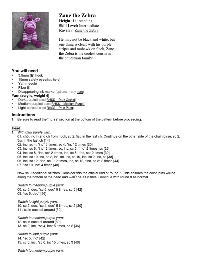 Zane The Zebra | PDF | Yarn | Crochet