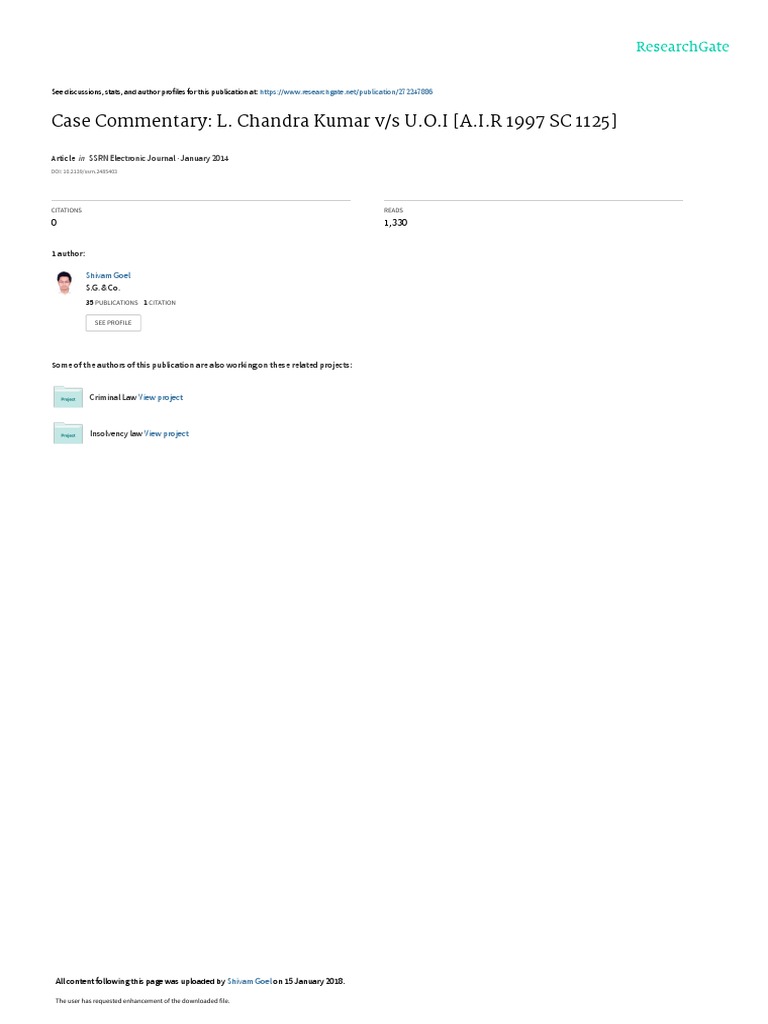 Case Commentary L Chandra Kumar Vs UOI AIR 1997 SC | PDF | Supreme ...