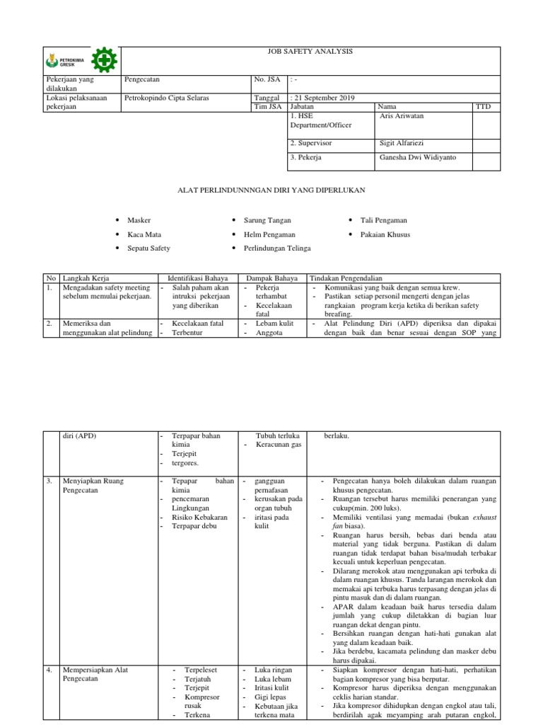 JOB SAFETY ANALYSIS Pengecatan Petrokimia Gresik | PDF