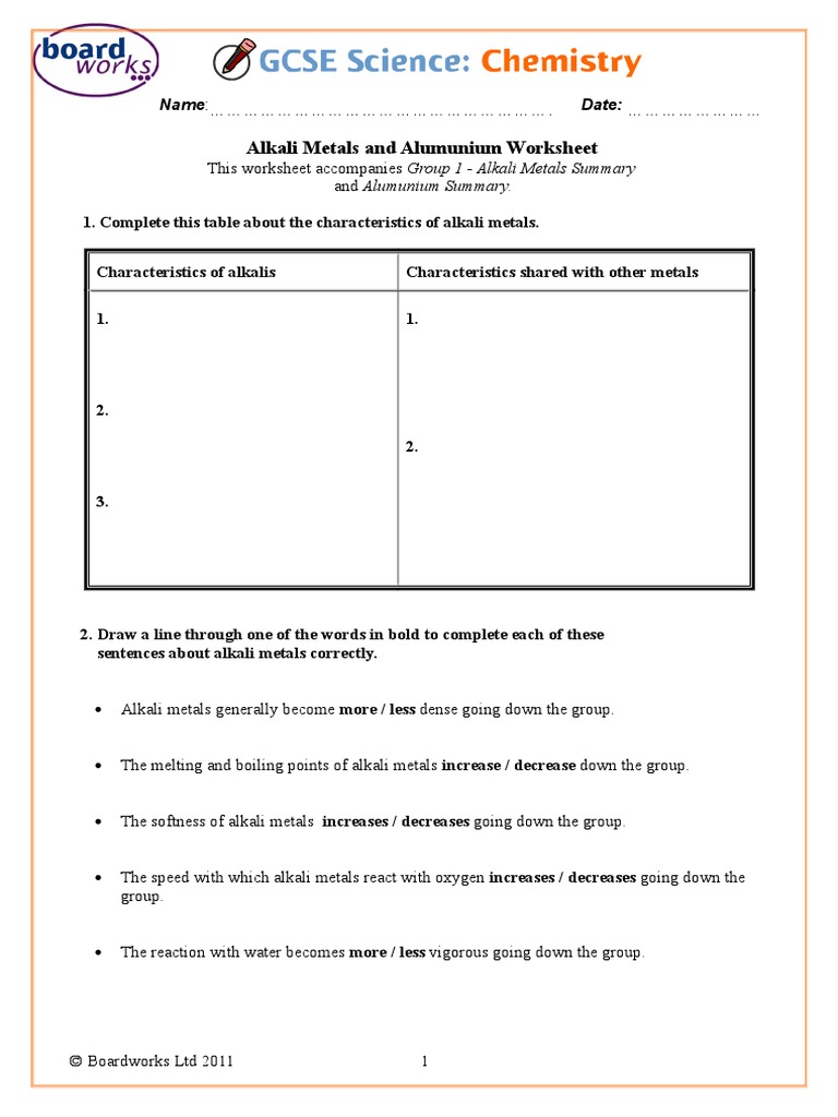 Alkali + Alumunium Worksheet | PDF | Aluminium | Physical Sciences