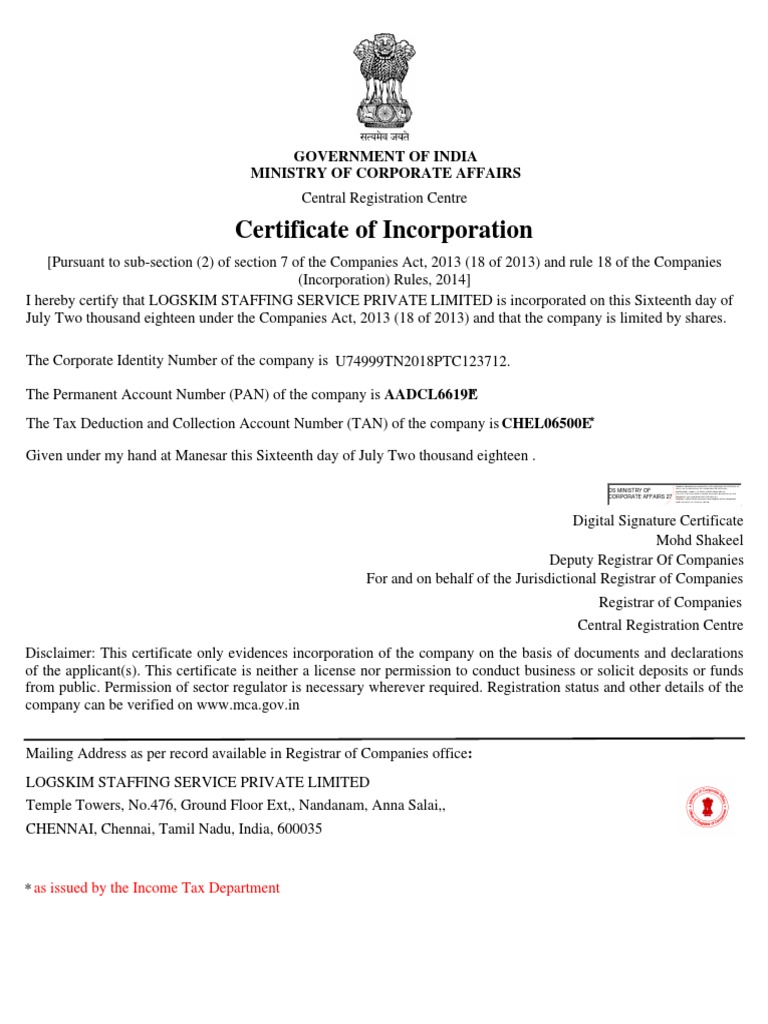 Certificate of Incorporation 17.07.2018 Logskim | PDF | Government ...