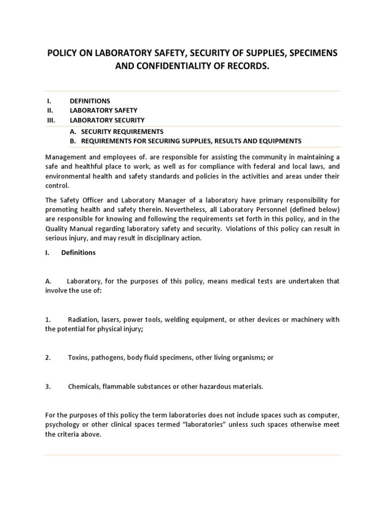 Policy On Laboratory Safety and Security | PDF | Laboratories | Safety