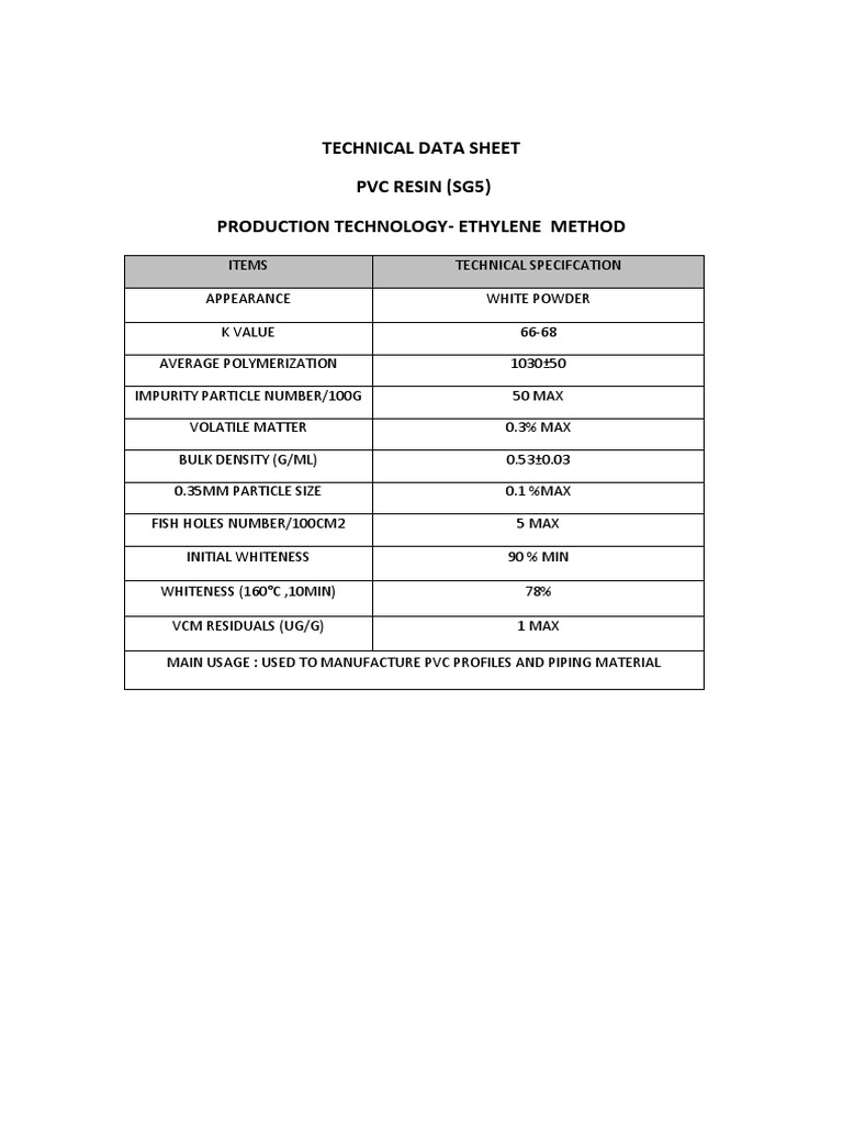 PVC Resin SG5 Technical Data Sheet | PDF