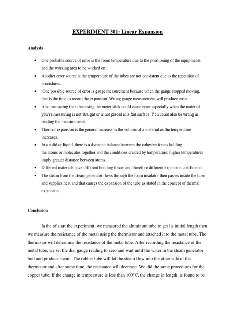 EXPERIMENT 301: Linear Expansion: Analysis | PDF | Thermal Expansion ...
