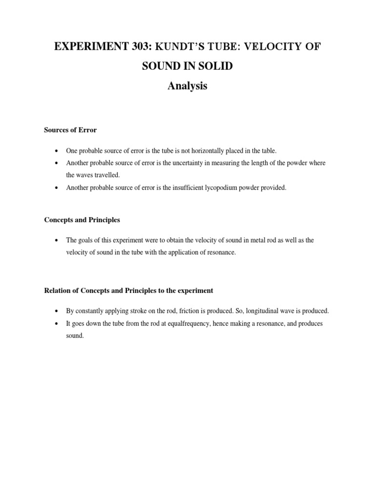 Experiment 303: Kundt'S Tube: Velocity of Sound in Solid Analysis | PDF ...