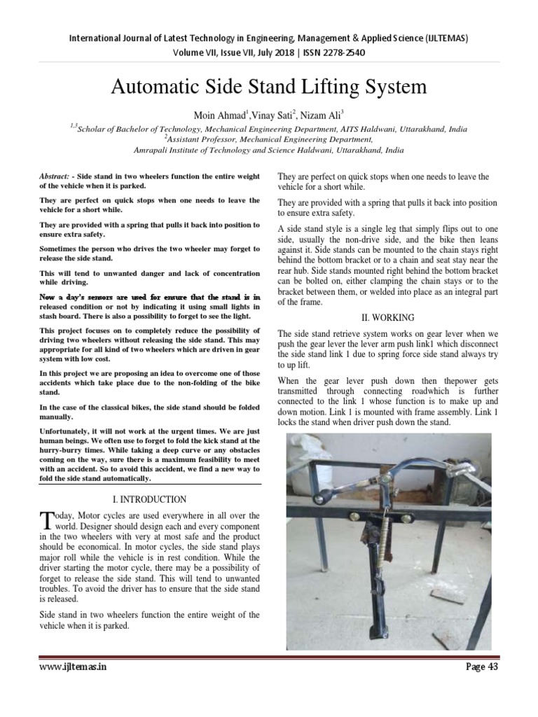 Automatic Side Stand Lifting System | PDF | Motorcycle | Vehicles