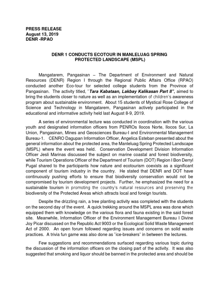 2019 Press Release Denr 1 Conducts Ecotour in Manleluag Spring ...