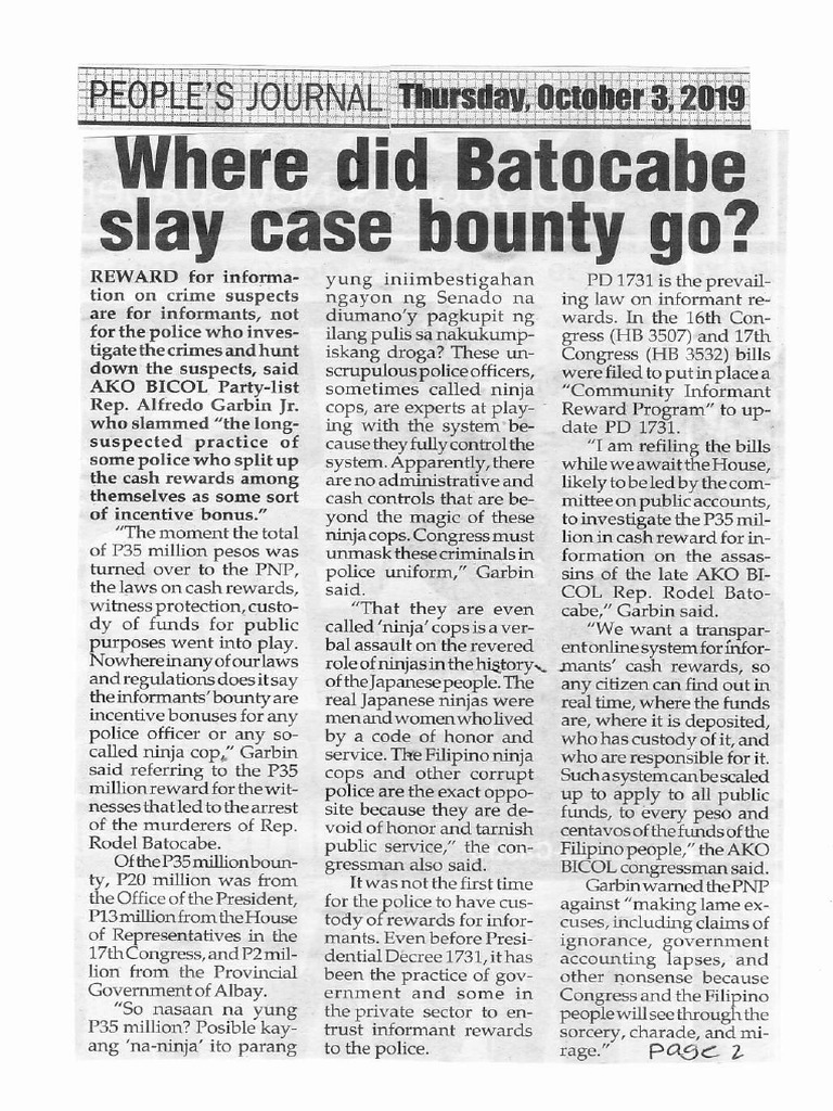 Peoples Journal, Oct. 3, 2019, Where Did Batocabe Slay Case Bounty Go ...
