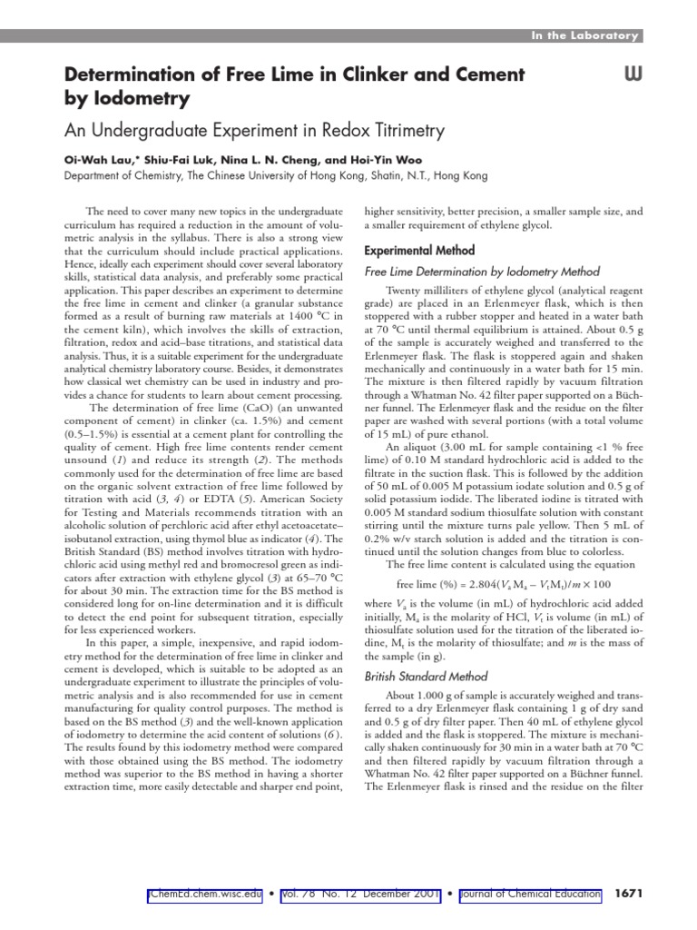 Determination of Free Lime in Clinker | PDF | Titration | Chemistry