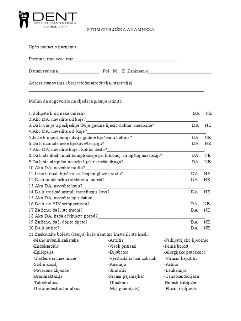 Stomatološka Anamneza Final | PDF