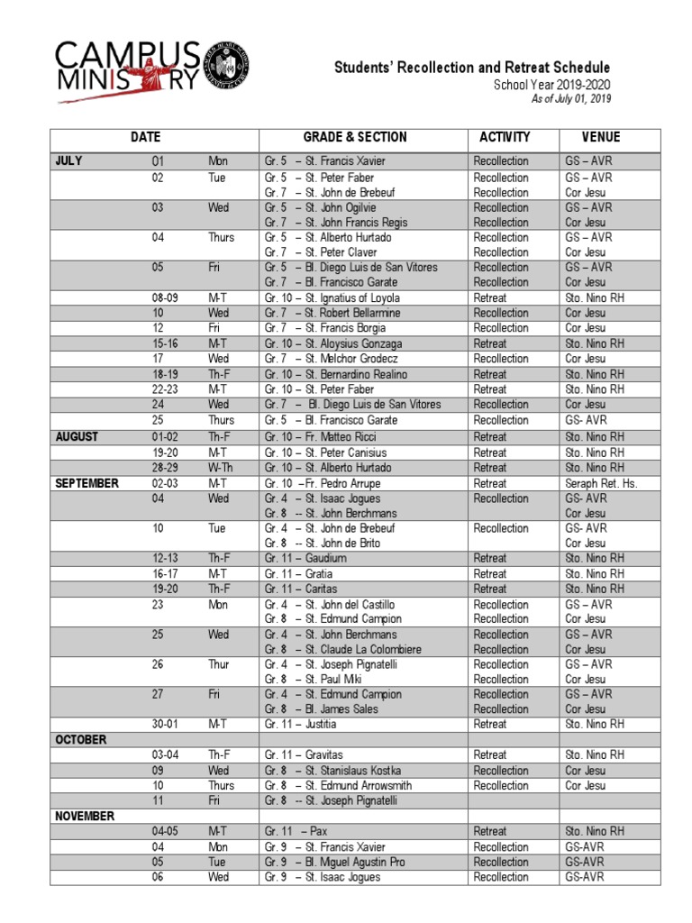 SY 2019-2020 Students Recollections & Retreats | PDF | Christian Saints ...