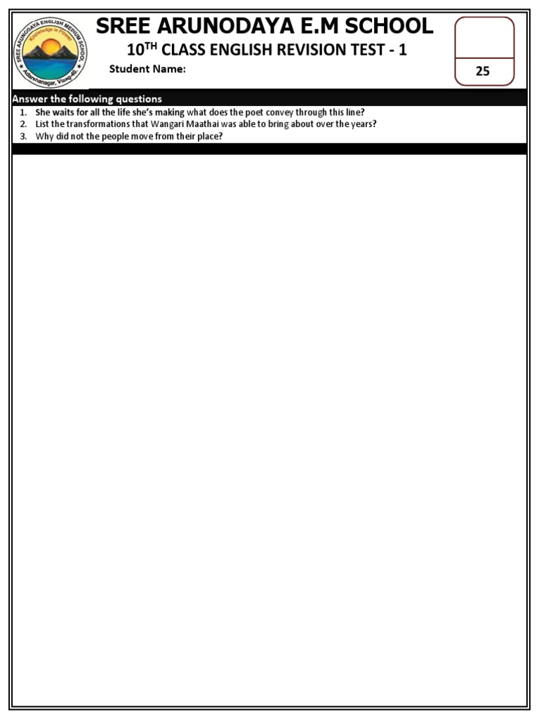 10 Class English Revision Test - 1: Student Name | PDF