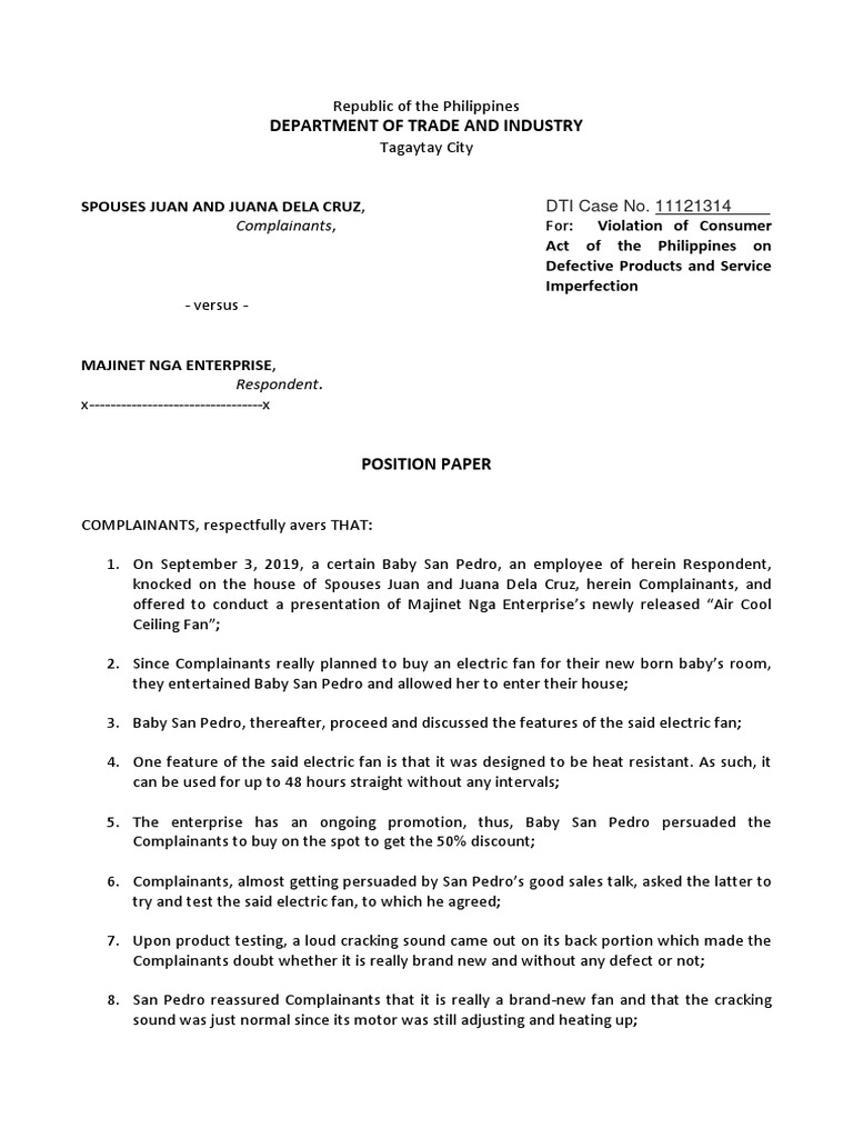 Position Paper Complainant 2 | PDF | Product Liability | Government ...