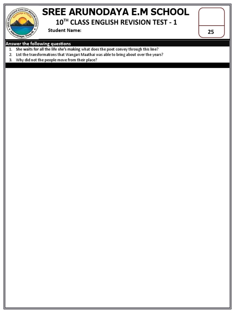 10 Class English Revision Test - 1: Student Name | PDF