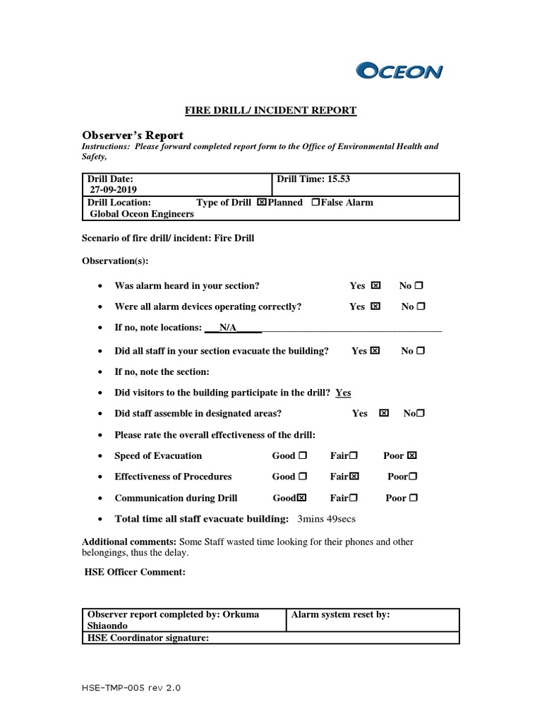 Observer's Report: Fire Drill/ Incident Report | PDF