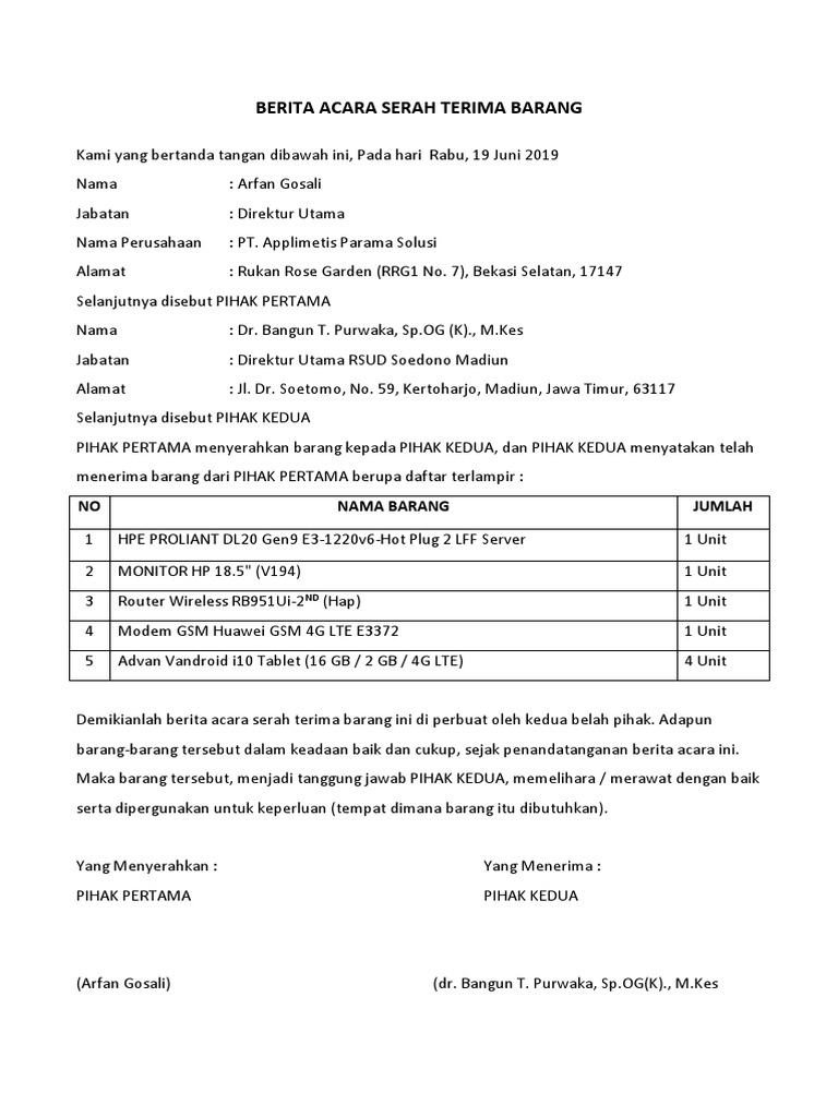 BAP Serah Terima Barang PT Applimetis | PDF
