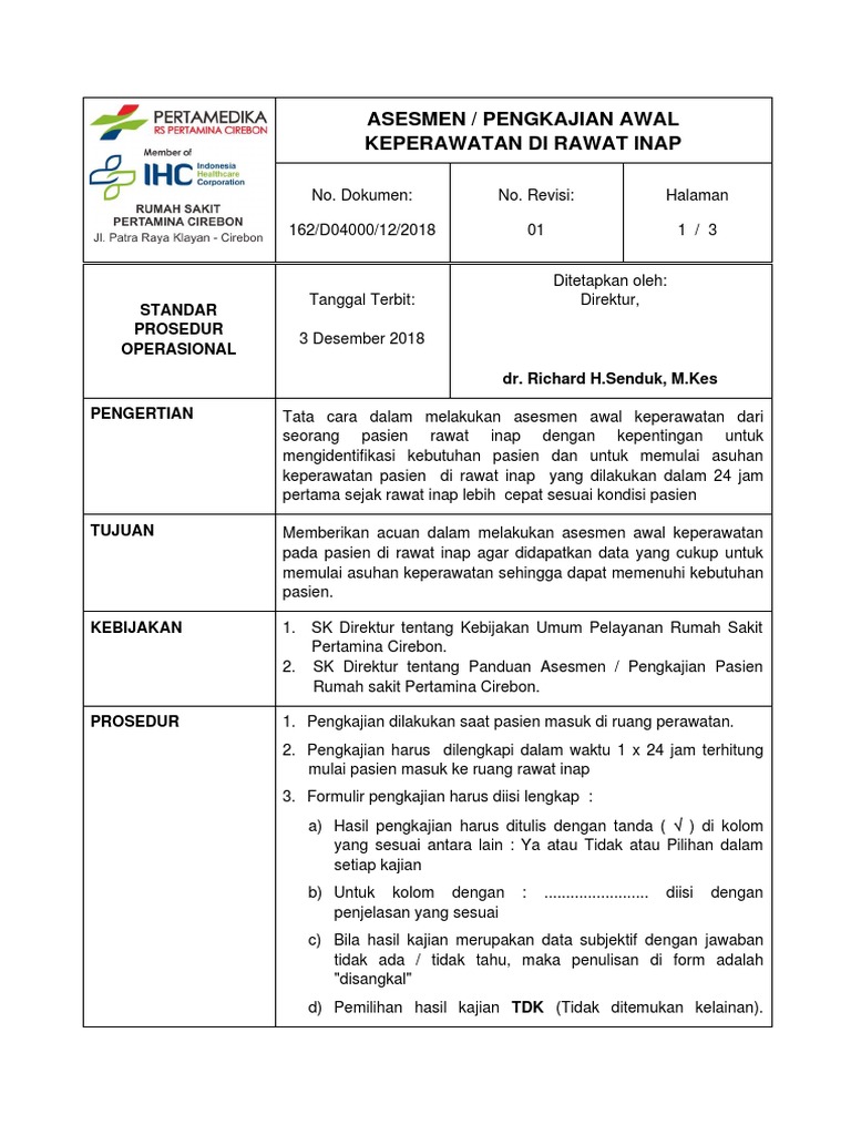 SPO Asesmen Awal Keperawatan Ranap | PDF