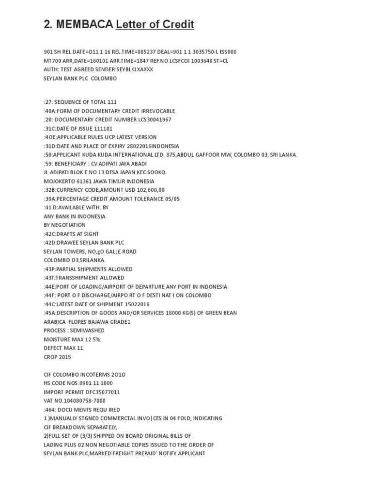 MEMBACA Letter of Credit | PDF | Cargo | Letter Of Credit