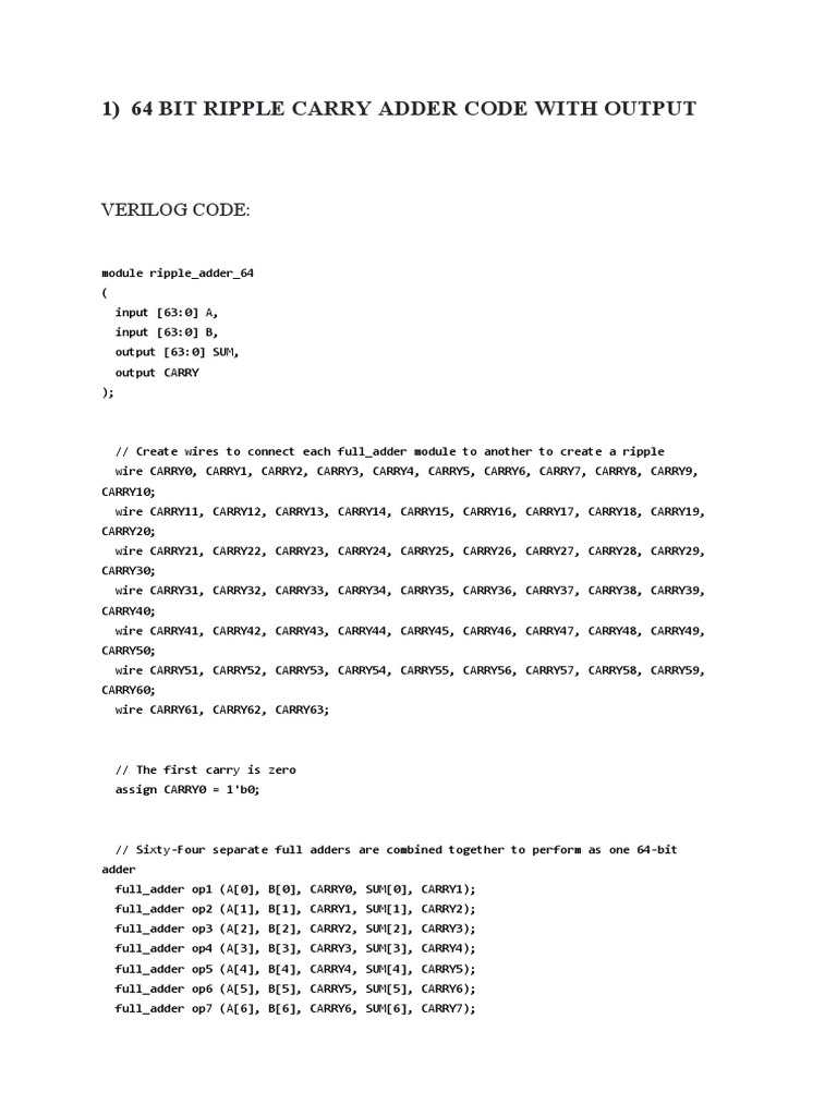 1) 64 Bit Ripple Carry Adder Code With Output | PDF | Arithmetic ...