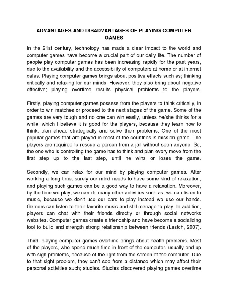 Advantages and Disadvantages of Playing Computer Games | PDF | Obesity ...