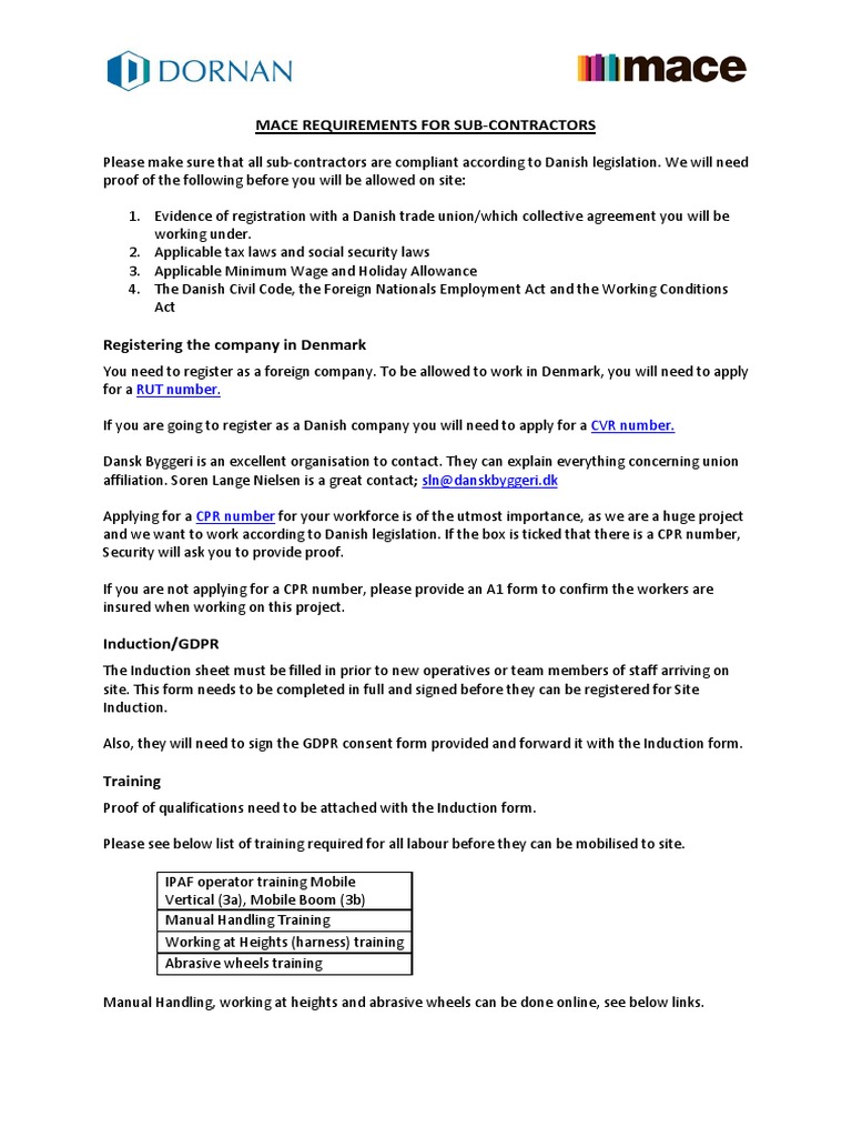 MACE Requirements - Sub Contractors | PDF | Denmark | Vehicle ...