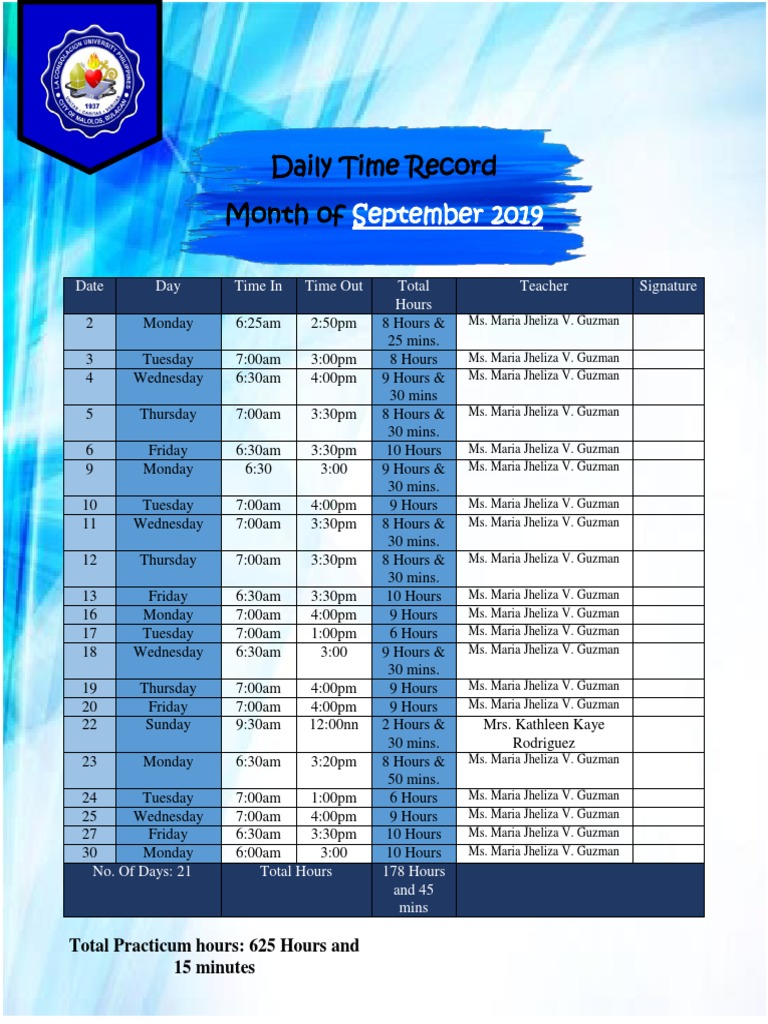 Daily Time Record Month Of: September 2019 | PDF | Sports | Leisure