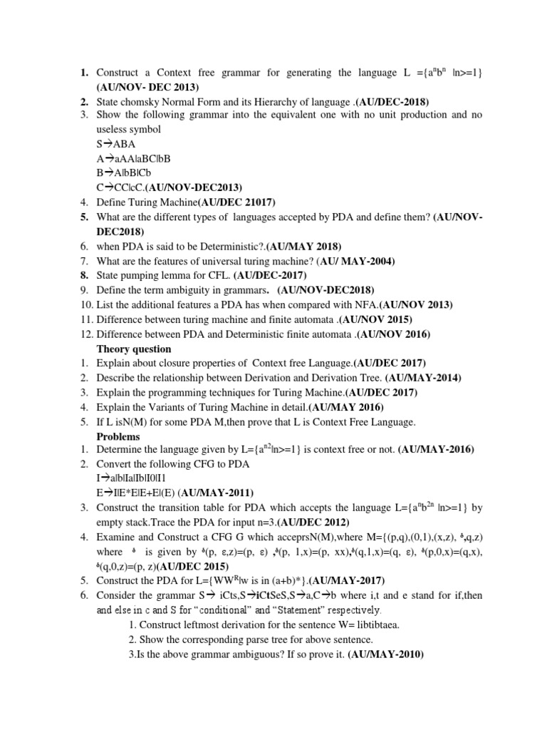 Toc Important Questions | PDF | Theoretical Computer Science | Computer Science