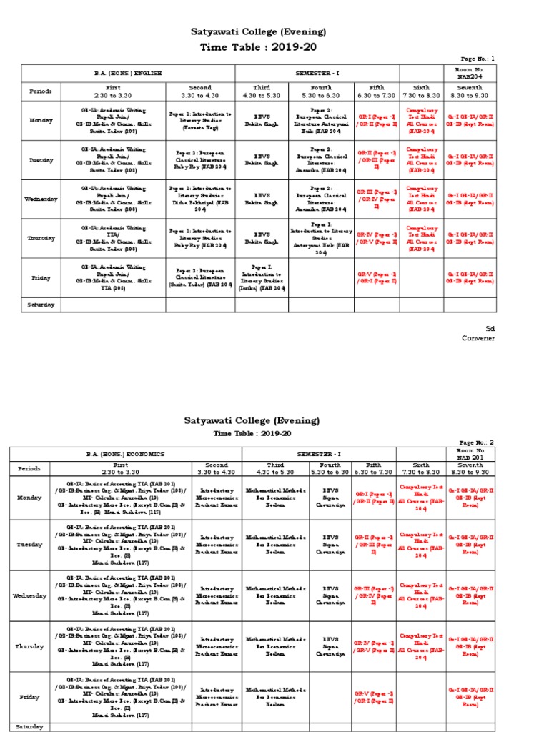 Time Table: 2019-20: Satyawati College (Evening) | PDF | Academia