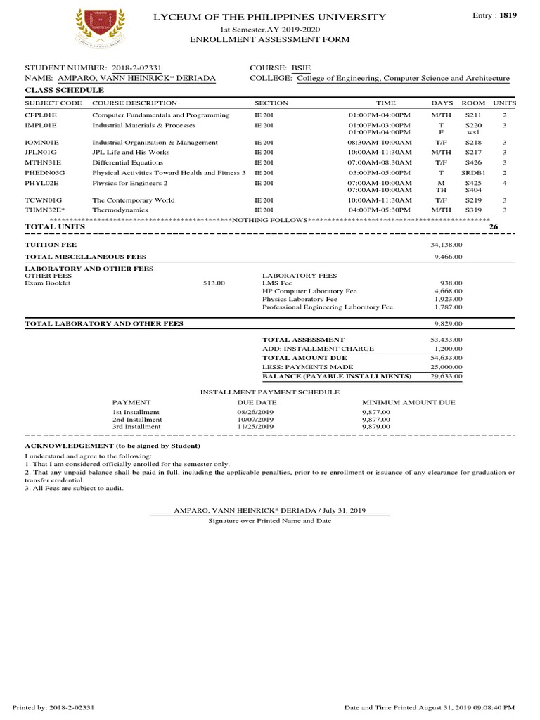 Lyceum of The Philippines University: Enrollment Assessment Form | PDF ...