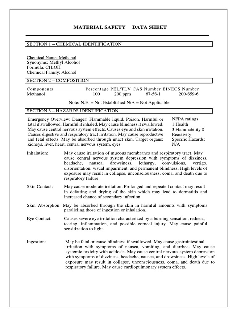 Material Safety Data Sheet: Chemical Name: Methanol | PDF | Chlorine ...