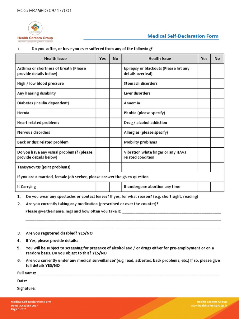 Medical Self-Declaration Form: HCG/HR/MED/09/17/001 | Download Free PDF ...
