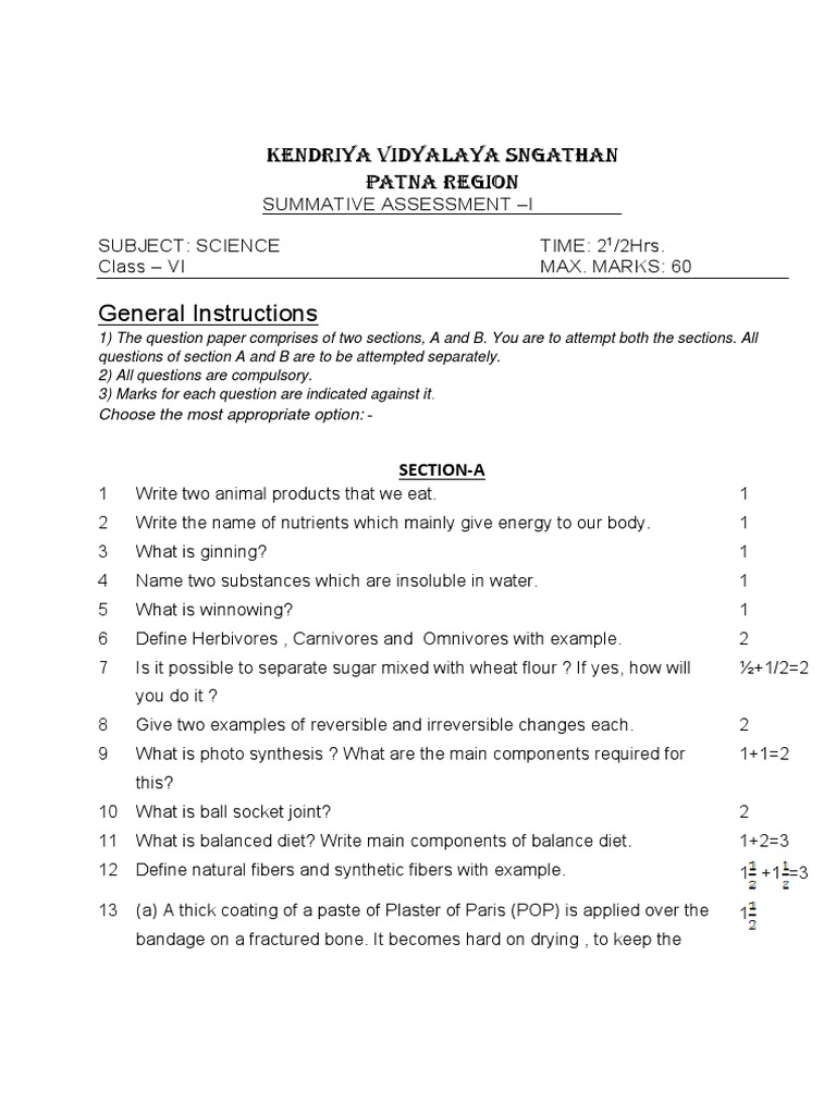 Class 6 Science SA1 Question Paper | PDF | Vitamin | Plants