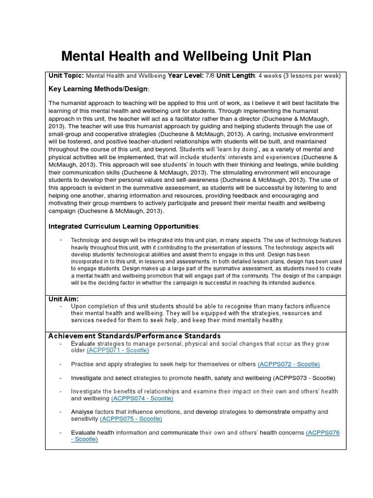 Caitlin Hattam - Mental Health and Wellbeing Unit Plan | PDF ...