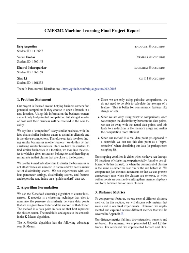 CMPS242 Machine Learning Final Project Report: 1. Problem Statement | PDF | Cluster Analysis ...