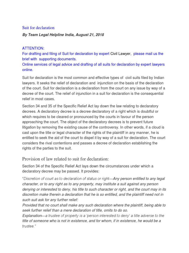 Suit For Declaration | PDF | Declaratory Judgment | Decree