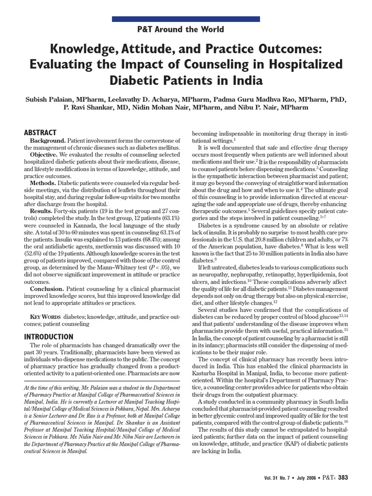 Knowledge Attitude and Practice Outcomes PDF | PDF | Diabetes Mellitus ...
